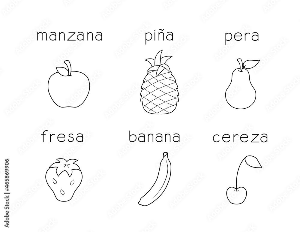 coloring page of fruits in spanish, healthy food names, apple ...