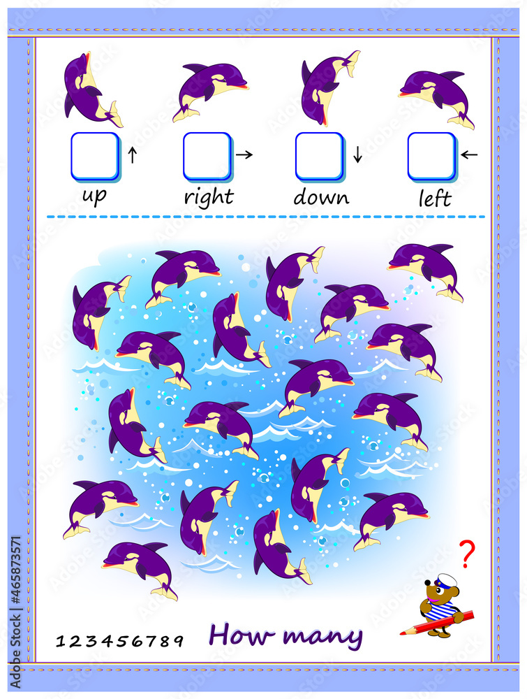 Math education for children. Count the quantity of dolphins swimming in ...
