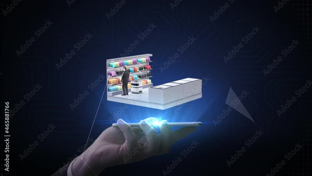 Lifting smart phone, unmanned smart convenience store appears. Man ...