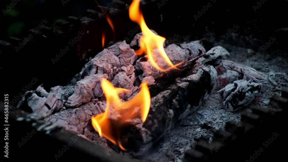 Bonfire burns in iron brazier. Bright orange tounges of fire turn dry ...