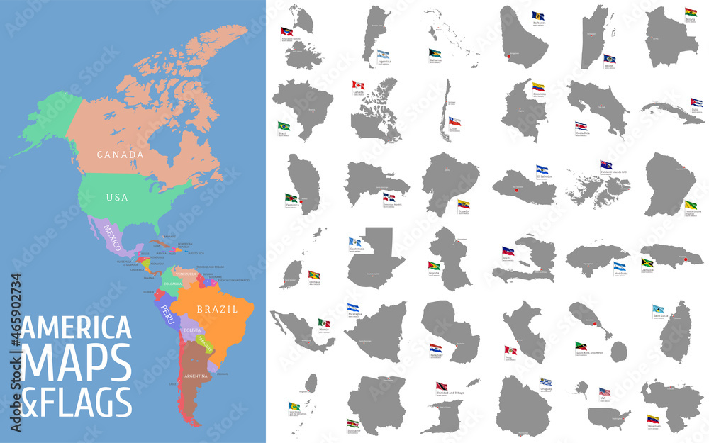 Set of America maps and flags. Highly detailed editable political map ...