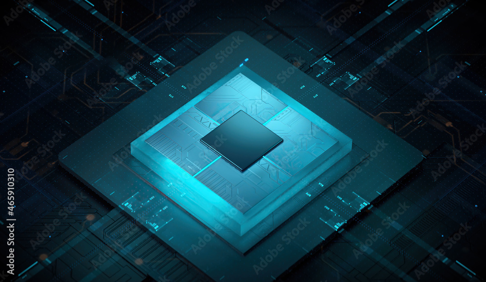 Fototapeta 3D rendering of cyberpunk AI. Circuit board. Technology ...