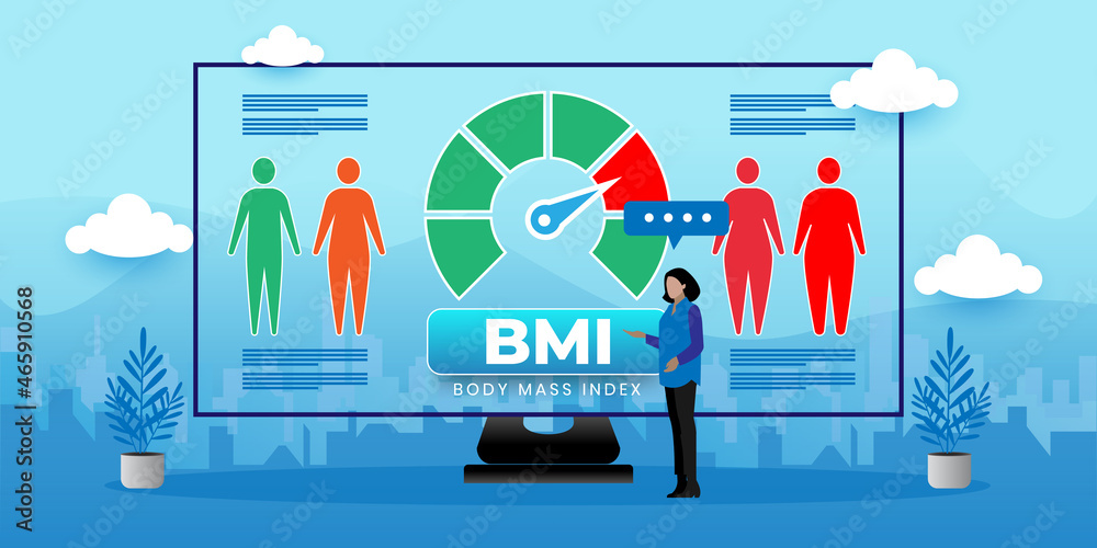 BMI. Body mass index control concept With icons. Cartoon Vector People ...