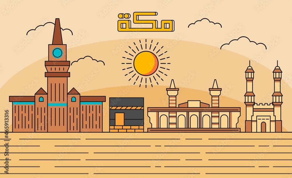 Mecca skyline with line art style vector illustration. Modern city ...