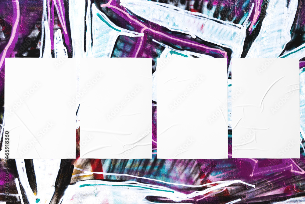 Closeup of colorful messy painted urban wall texture with four wrinkled ...