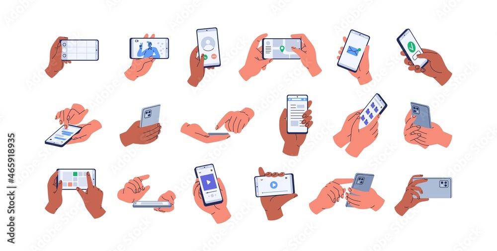 Hands holding mobile phones set. Fingers touching, tapping, scrolling ...