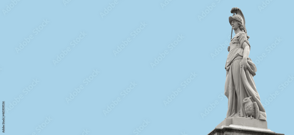 Banner with statue of Minerva, goddess of wisdom, war, schools, justice ...