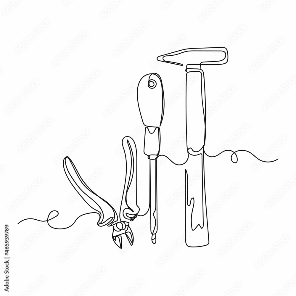 Vector continuous one single line drawing icon of construction tools in ...