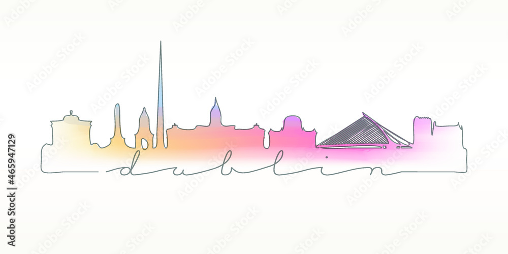 Dublin, Ireland Skyline Watercolor City Illustration. Famous Buildings ...