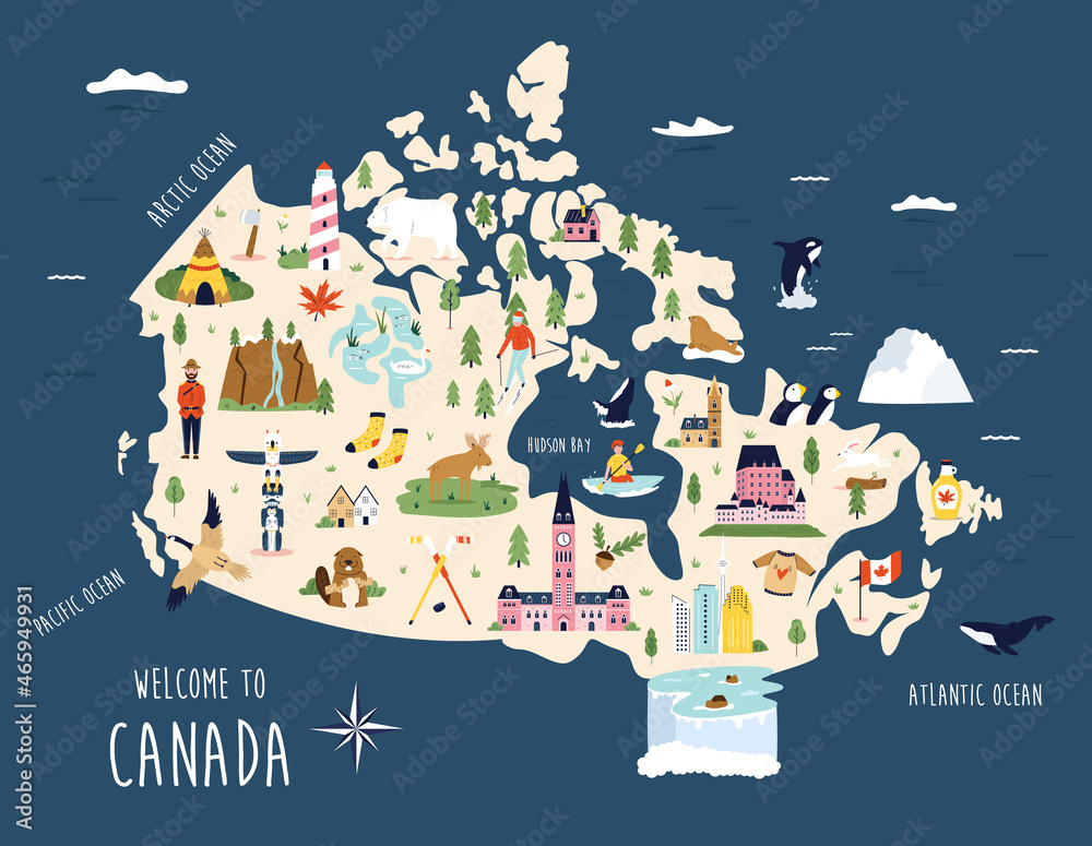 Vector illustrated map of Canada with famous symbols Stock Vector ...