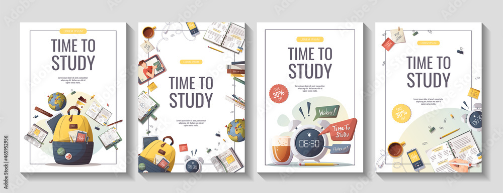 Set of flyers with study supplies for Studying, education, learning ...