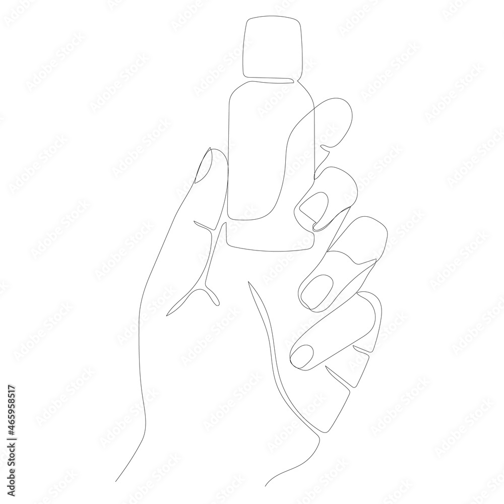 Continuous line drawing, of cosmetics on hand. Hands using small ...