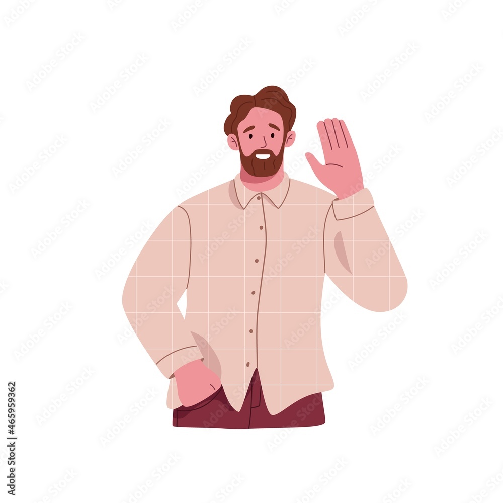 Happy bearded man gesturing hi with waving hand, greeting smb. Portrait ...