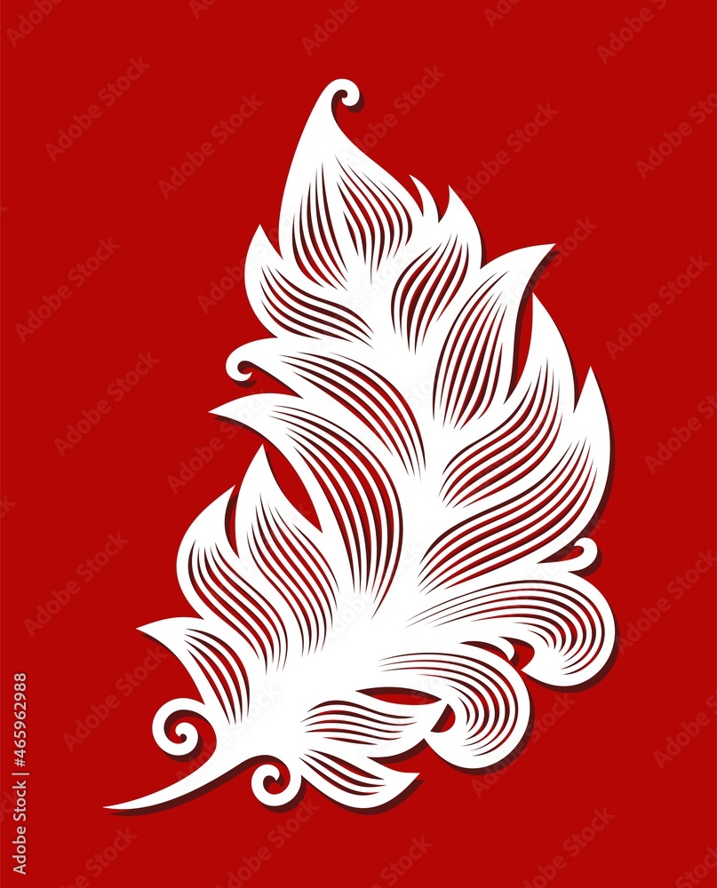 Fluffy bird feather. White decorative element on red background. Simple ...