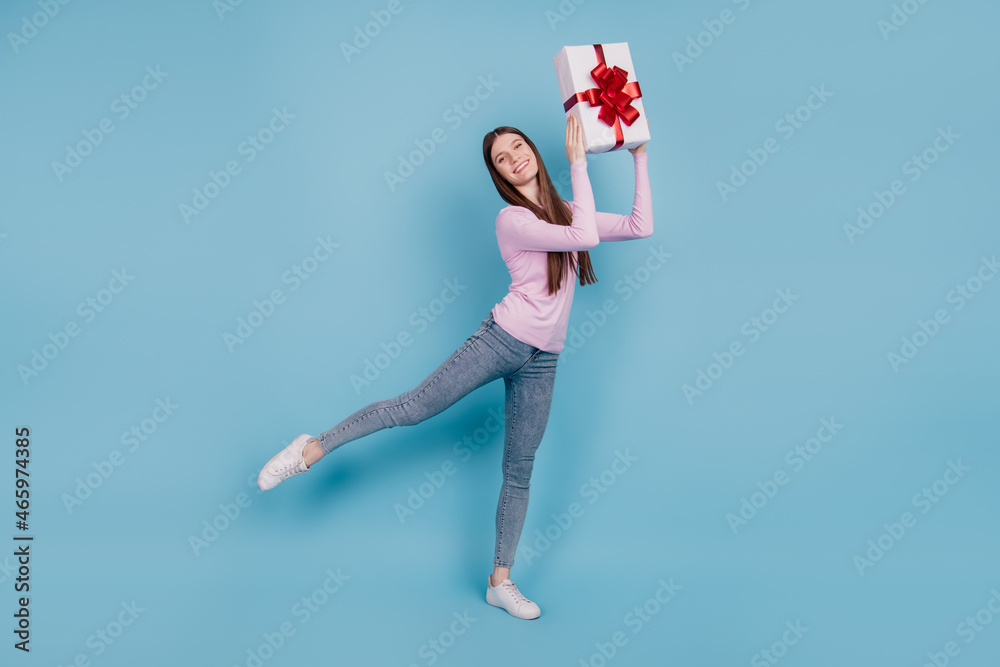 Full size photo of young cute nice attractive confident girl holding ...