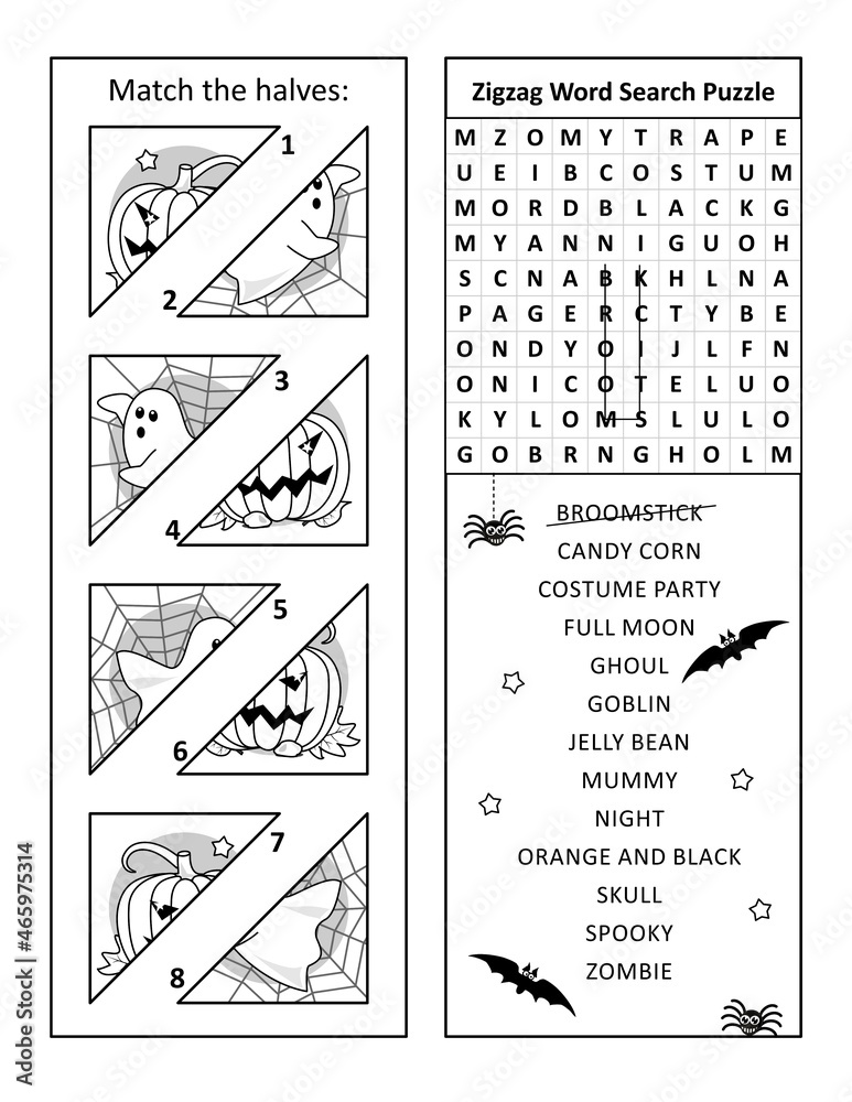 Halloween puzzle page with 2 puzzles: match-the-halves (caved pumpkin ...
