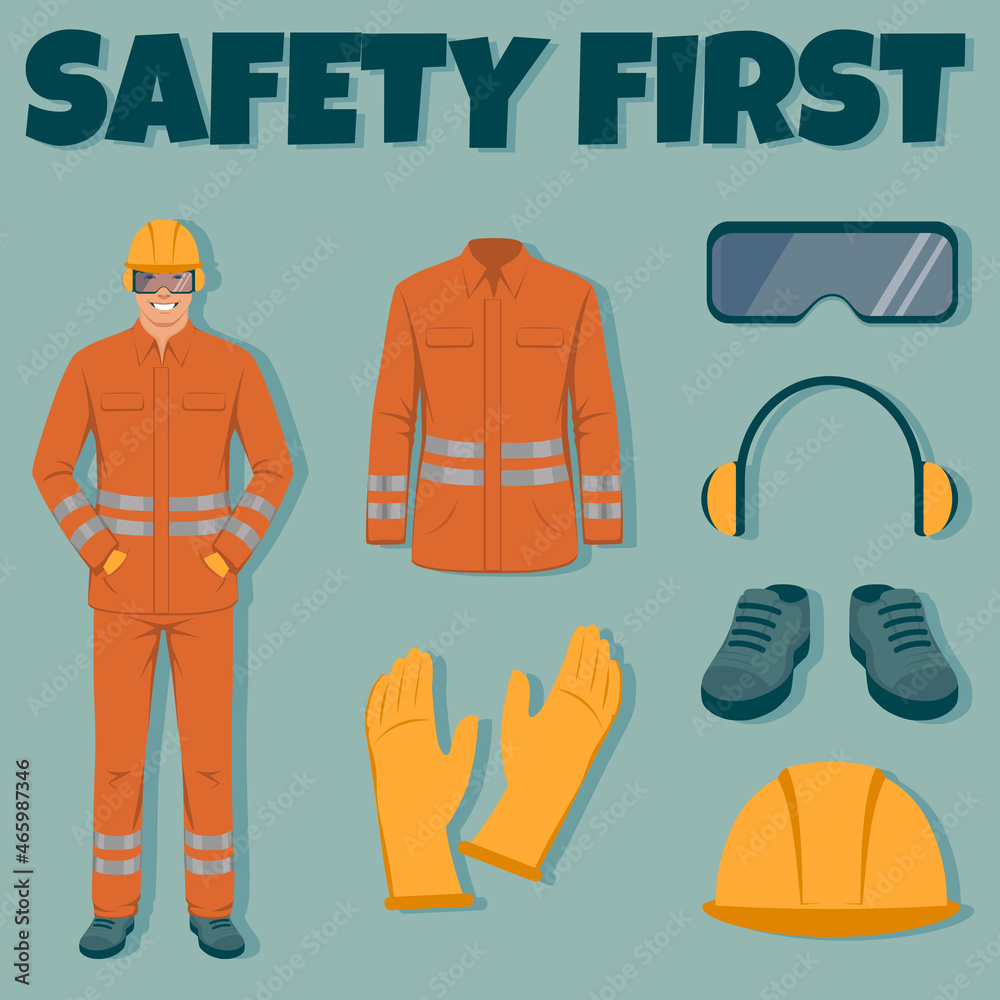 Work safety equipment. engineer wearing helmet, gloves, protective ...