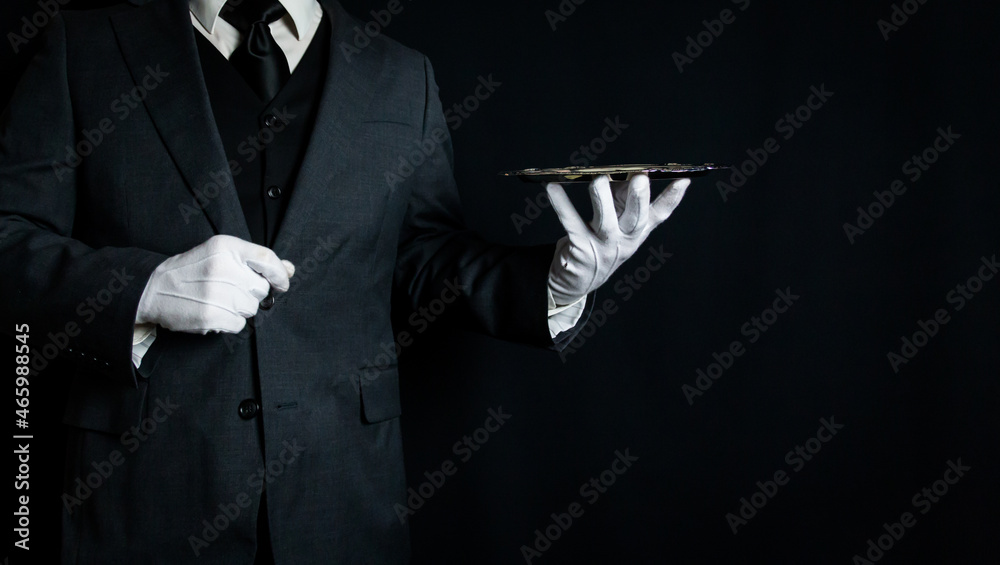 Black and White Portrait of Butler or Waiter in Dark Suit and White ...