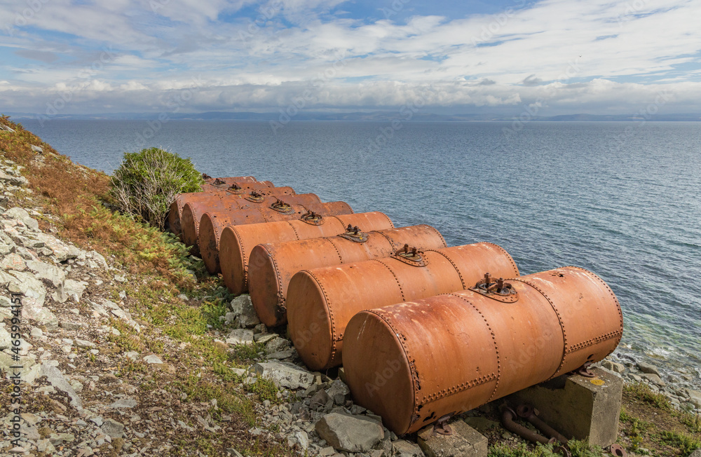 Compressed air tanks for a fog horn on Ailsa Craig Island, Scotland ...