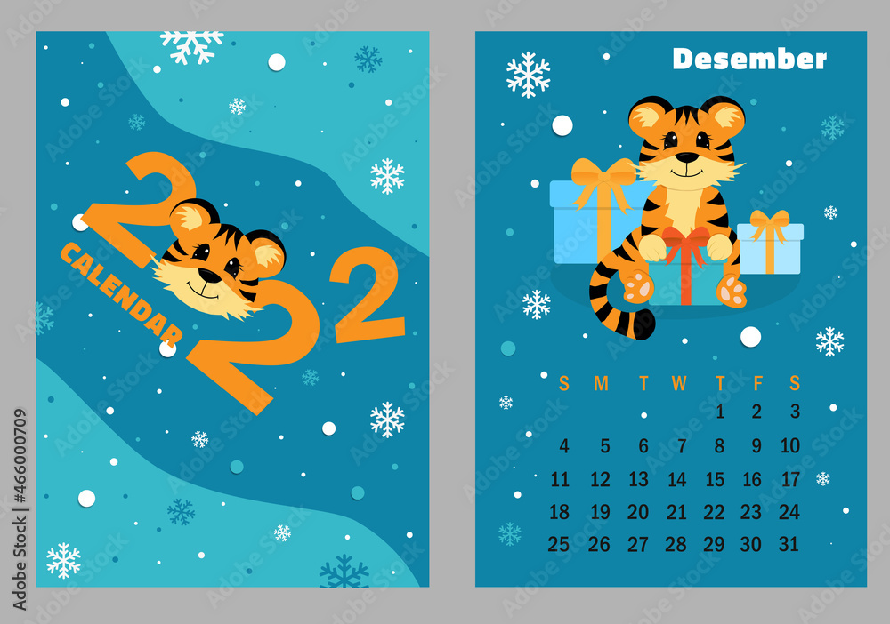 Vector vertical calendar 2022 with symbol of the year tiger. Cute funny ...
