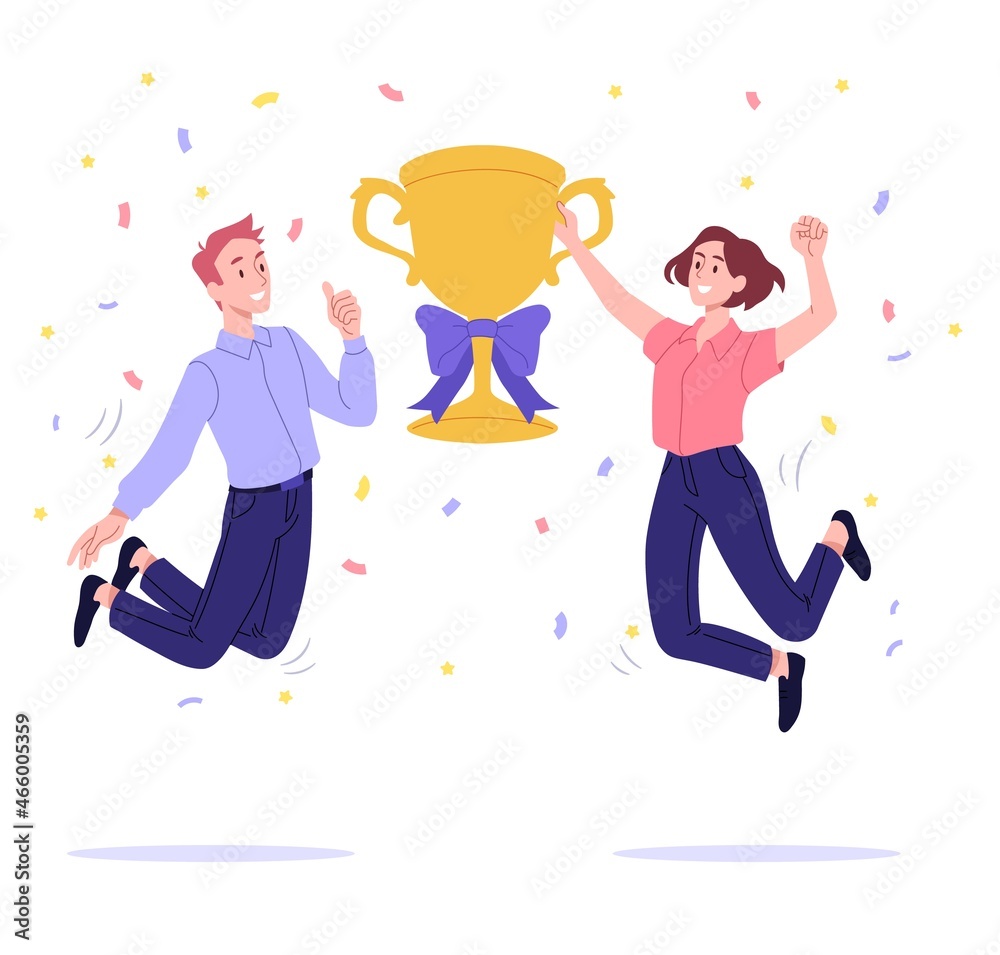 Successful team concept. Man and girl jumping together with cup ...