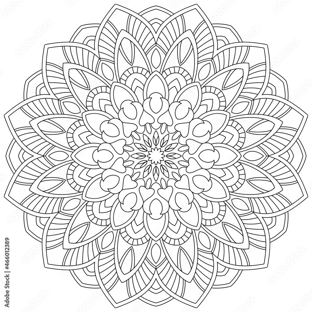 Geometric flower. Contour drawing of a mandala on a white background ...