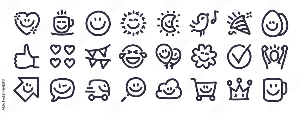 Line art drawings and doodles of simple happy, funny, joyfull, cheering ...