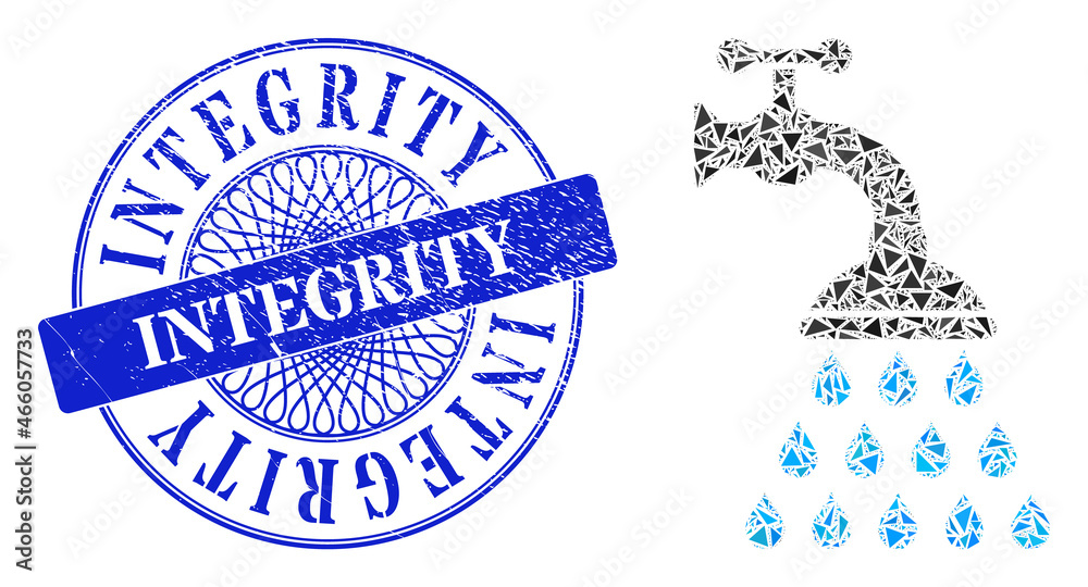 Shower tap mosaic of triangle parts, and Integrity unclean stamp. Blue ...