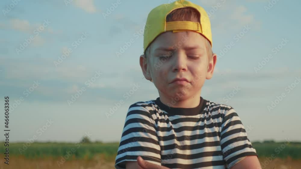 boy kid crying flowing tears a screaming dirty face. child son scream ...