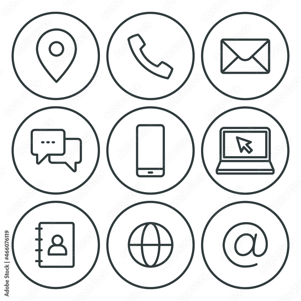 Contact us icons set. Simple outline style symbol. Email, phone, web ...