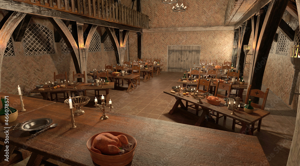Medieval castle great hall interior 3d illustration Stock Illustration ...