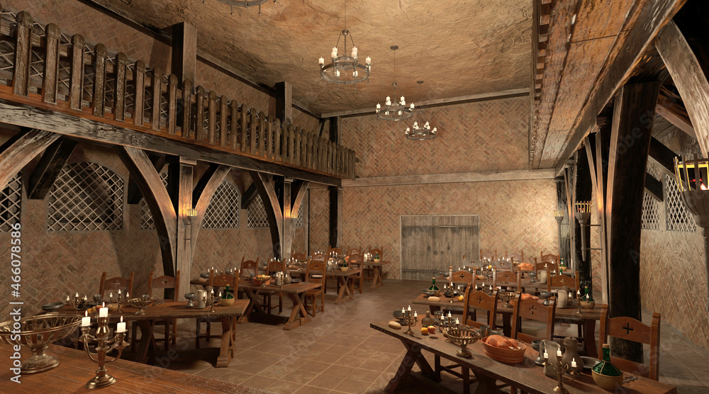 Medieval castle great hall interior 3d illustration Stock Illustration ...