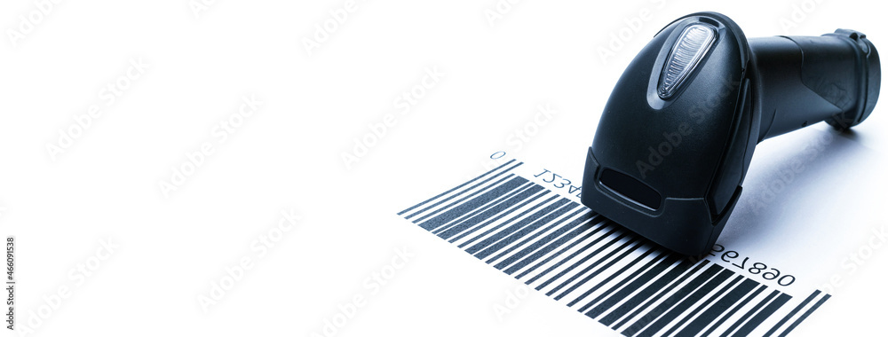 Barcode scanning. Reader laser scanner for warehouse. Retail label ...