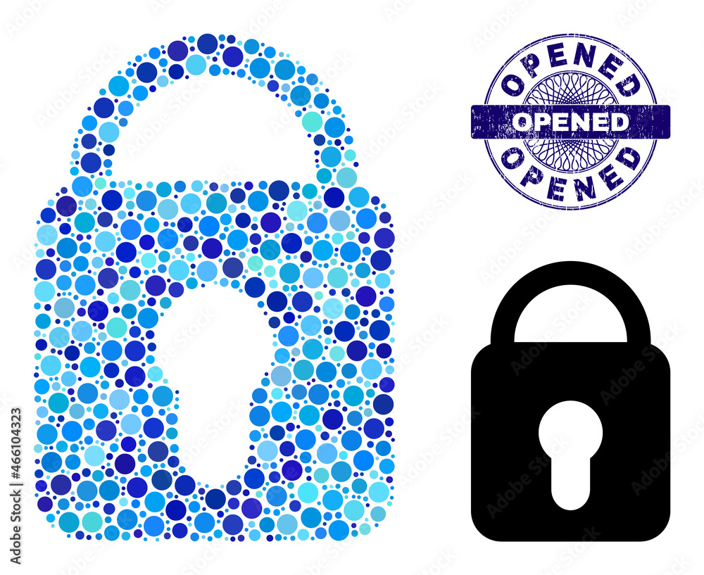 Circle composition locked icon and OPENED round corroded stamp ...