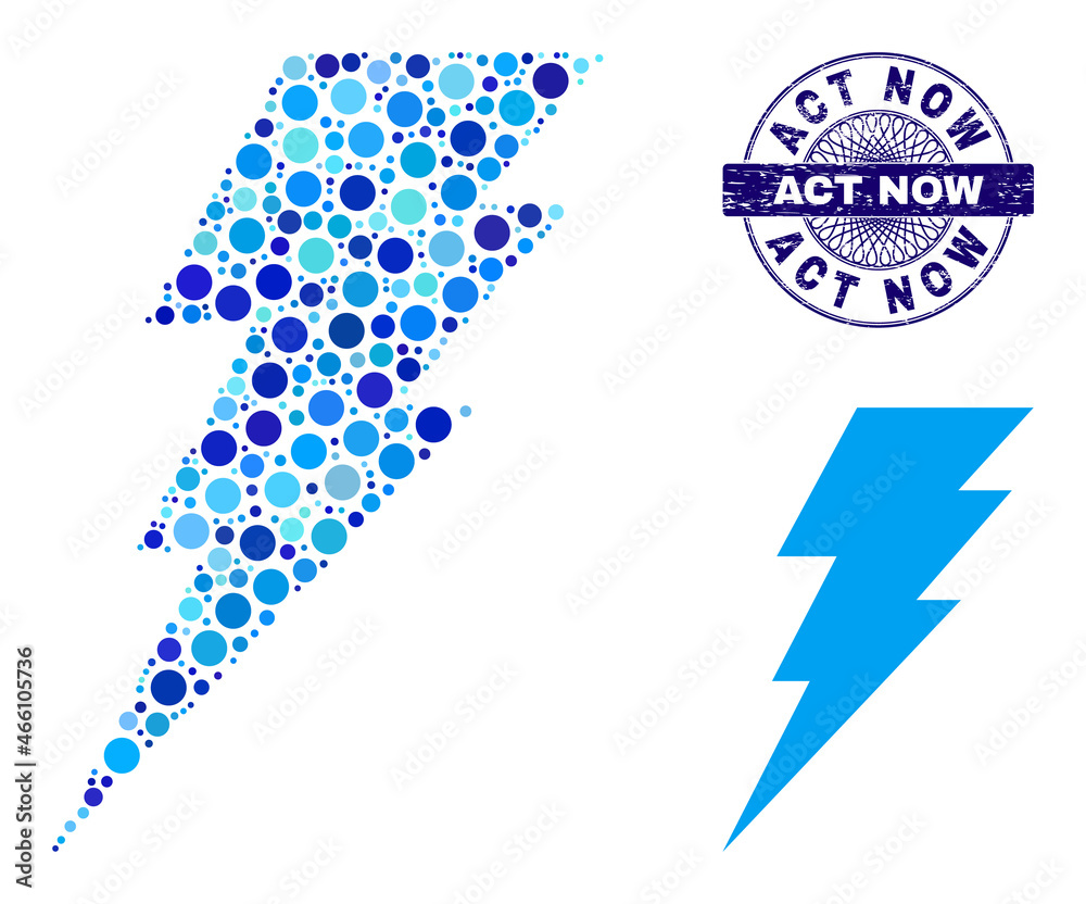 Circle mosaic execute icon and ACT NOW round scratched stamp seal. Blue ...