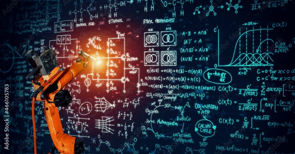 Robot arm AI analyzing mathematics for mechanized industry problem ...