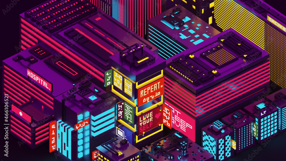 Fototapeta 3d voxel night cityscape background. Pixel art cyberpunk ... Fototapeta 3d voxel night cityscape background. Pixel art cyberpunk ...