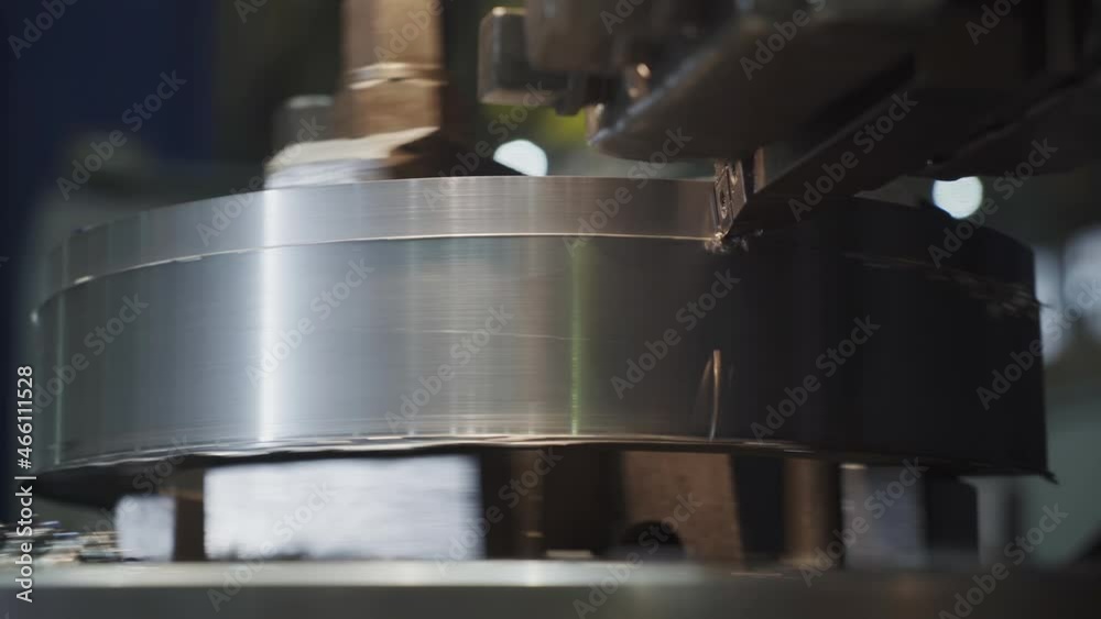 Close up. Industrial Milling Machine. Fixated Metal Workpiece is ...