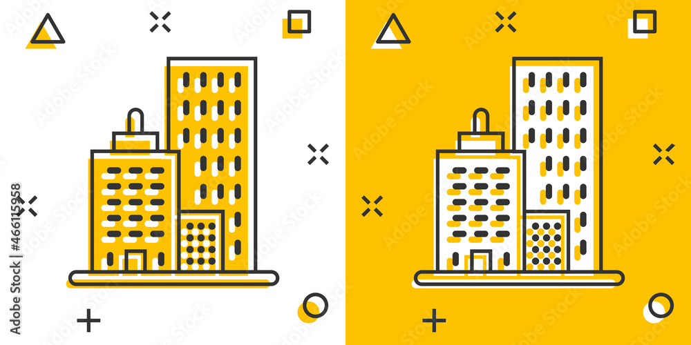 Building icon in comic style. Town skyscraper apartment cartoon vector ...