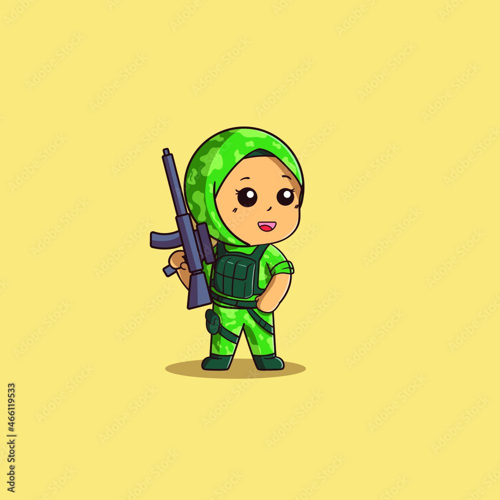cute illustration of Muslim female soldier posing with a gun Stock ...