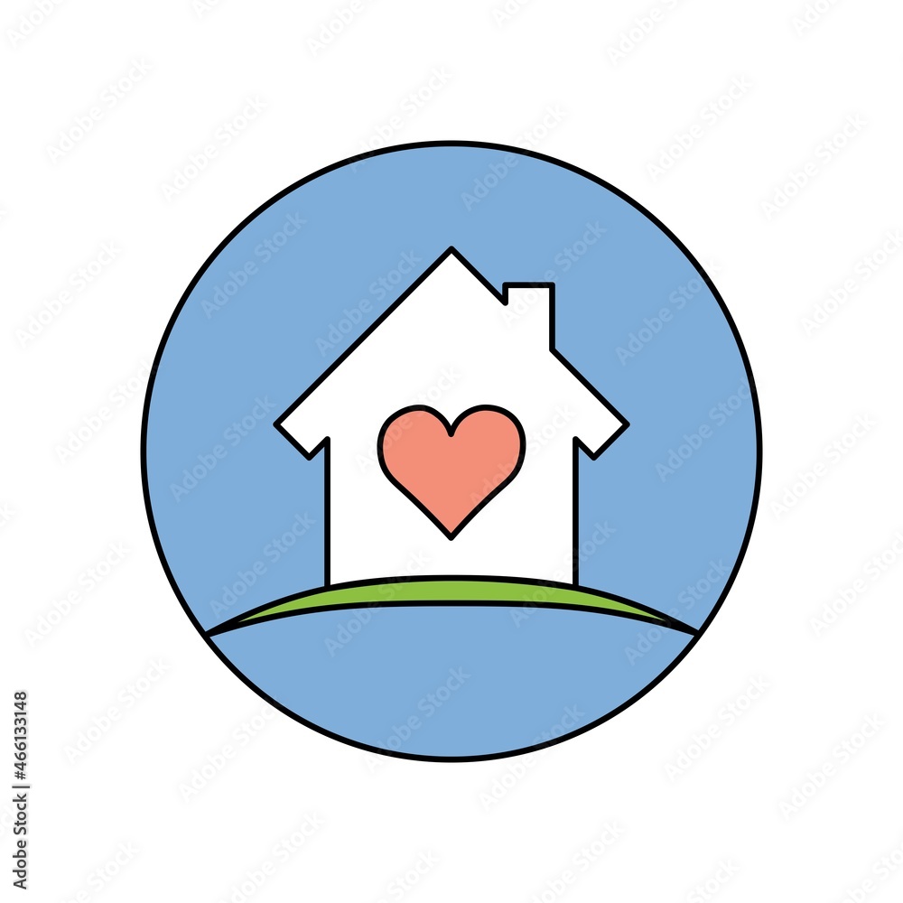 house icon with a heart inside in a round frame, black outline ...