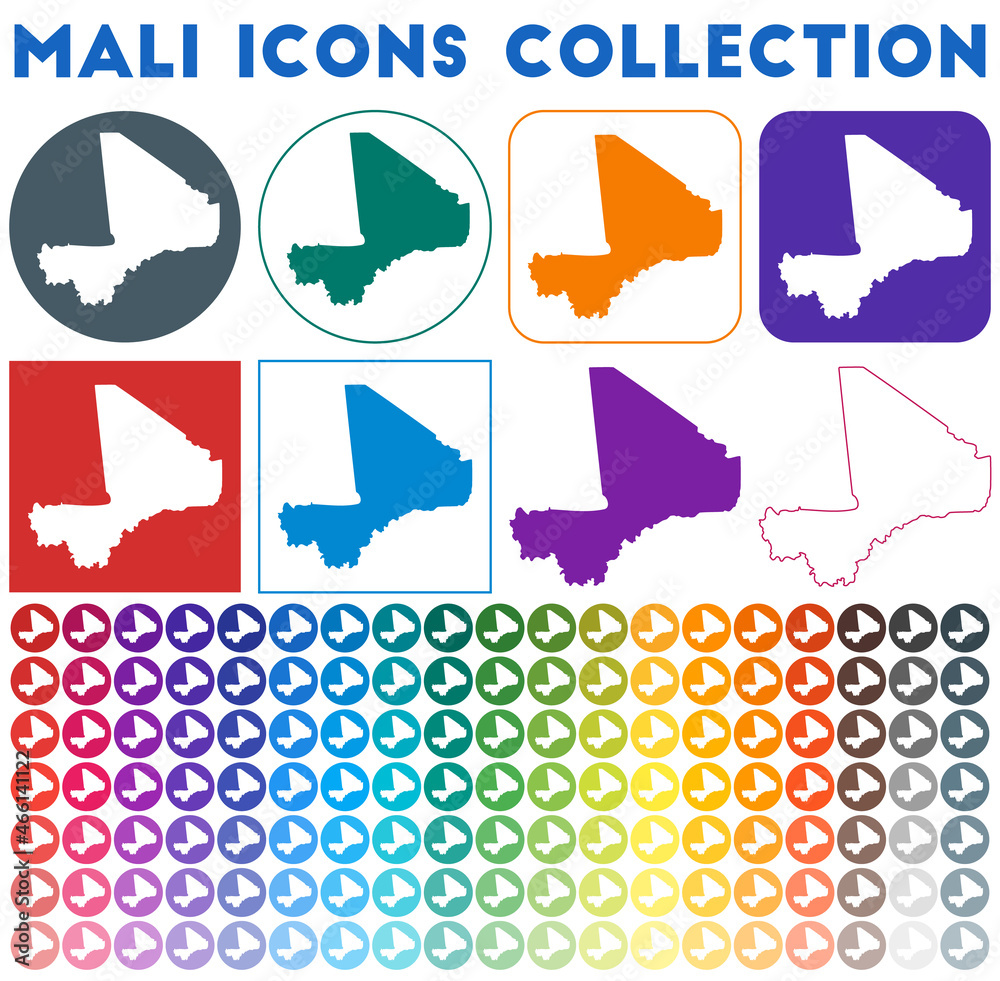 Mali icons collection. Bright colourful trendy map icons. Modern Mali ...