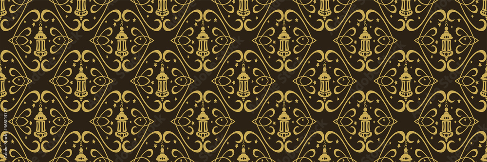 Background image in Arabic style with golden lamps on black background ...