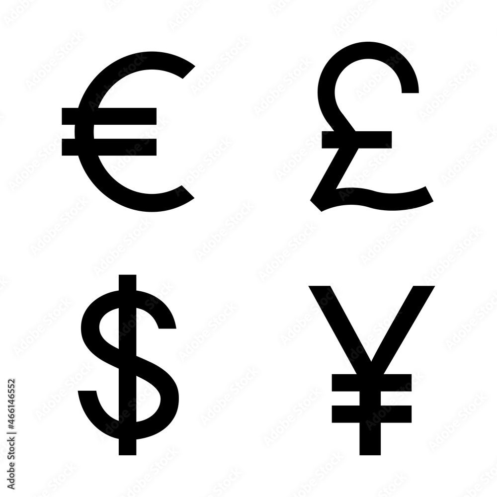 World currency symbols set. Four most popular money signs. Black ...