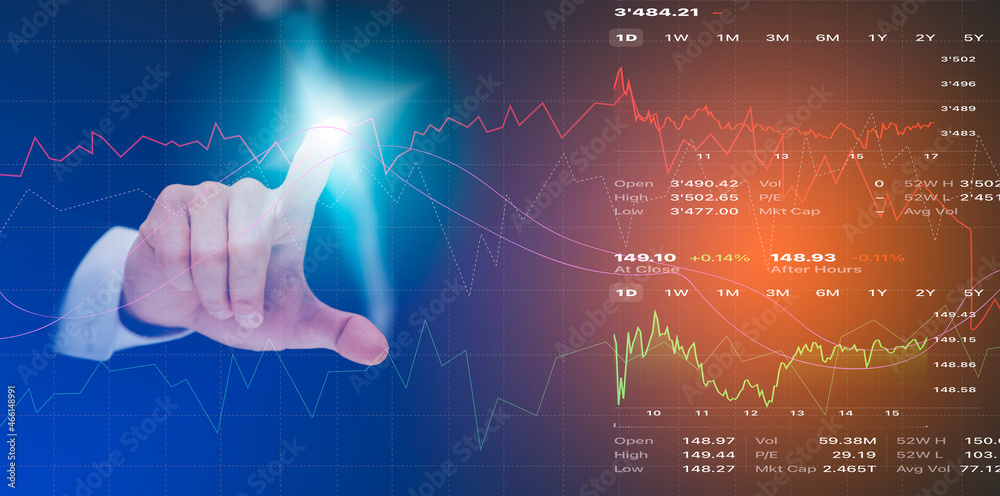Businessman touchscreen line of Stock market or forex trading graph and ...