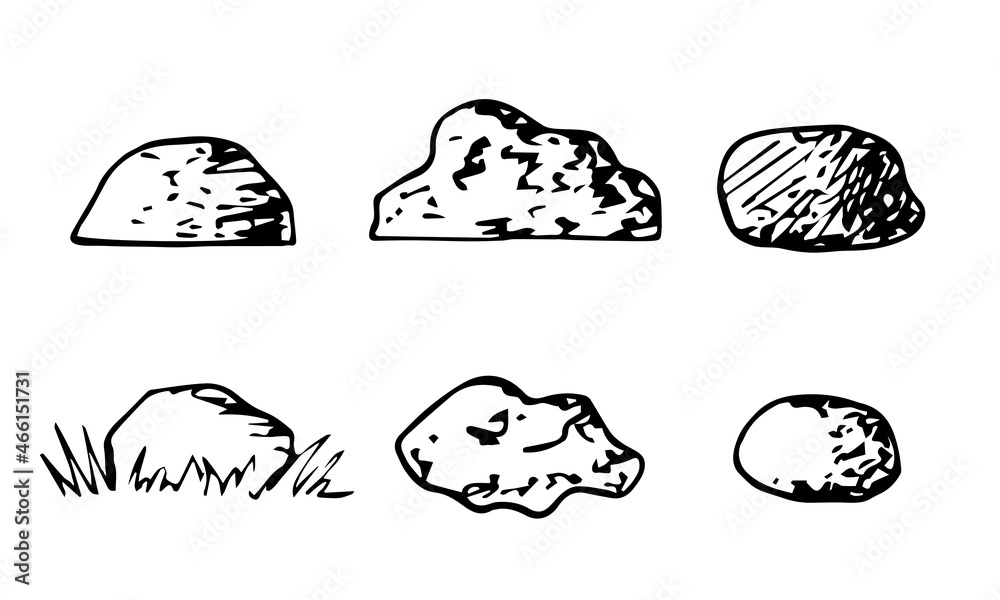 Simple hand-drawn vector drawing in black outline. A set of stones of ...
