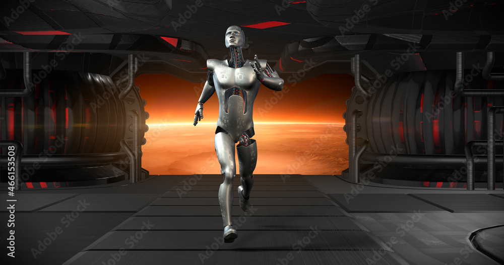 AI Futuristic Robot Running In Slow Motion In A Spaceship. Space ...
