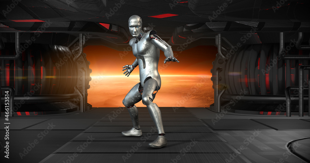 Fighter Bionic Robot Making Karate In A Spaceship. Space Battle ...