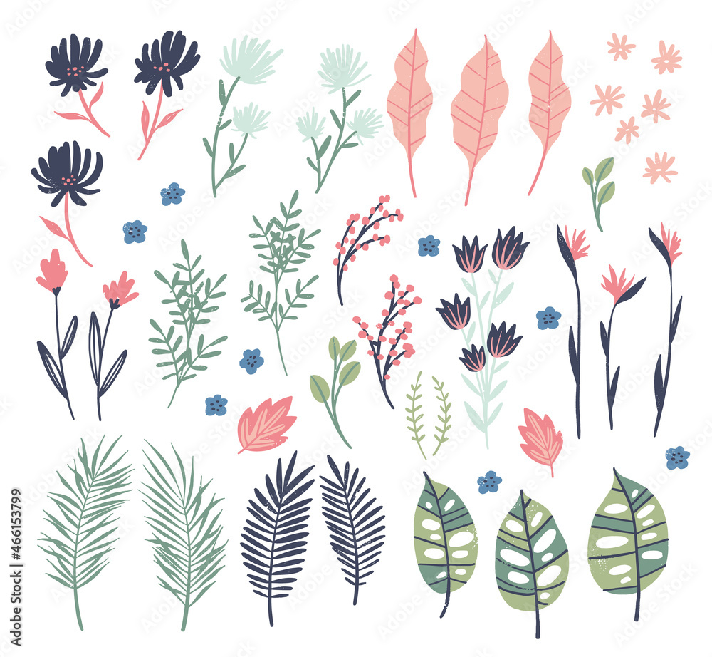 Cute Pastel Flowers & Leaves Vector Set Stock Vector | Adobe Stock