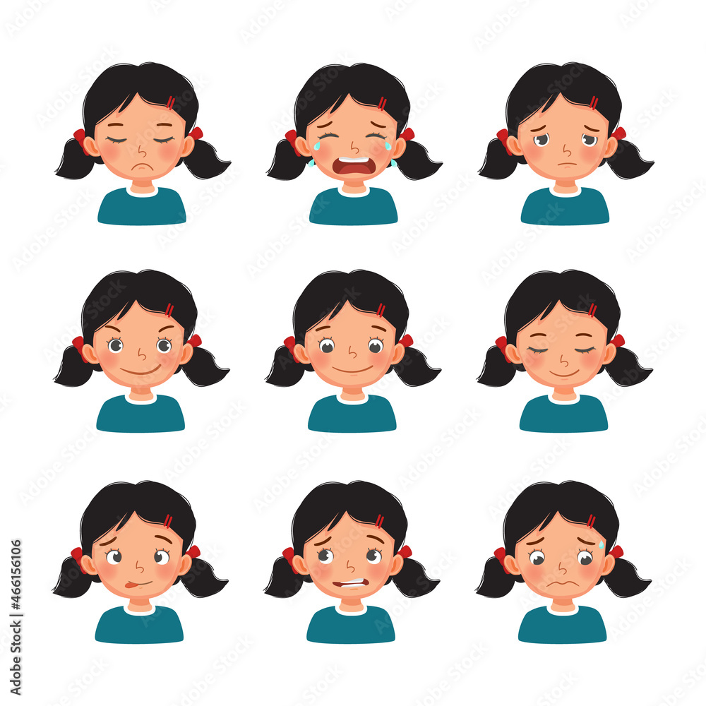 Cute little girl with facial expressions set. Vector of kid faces with ...